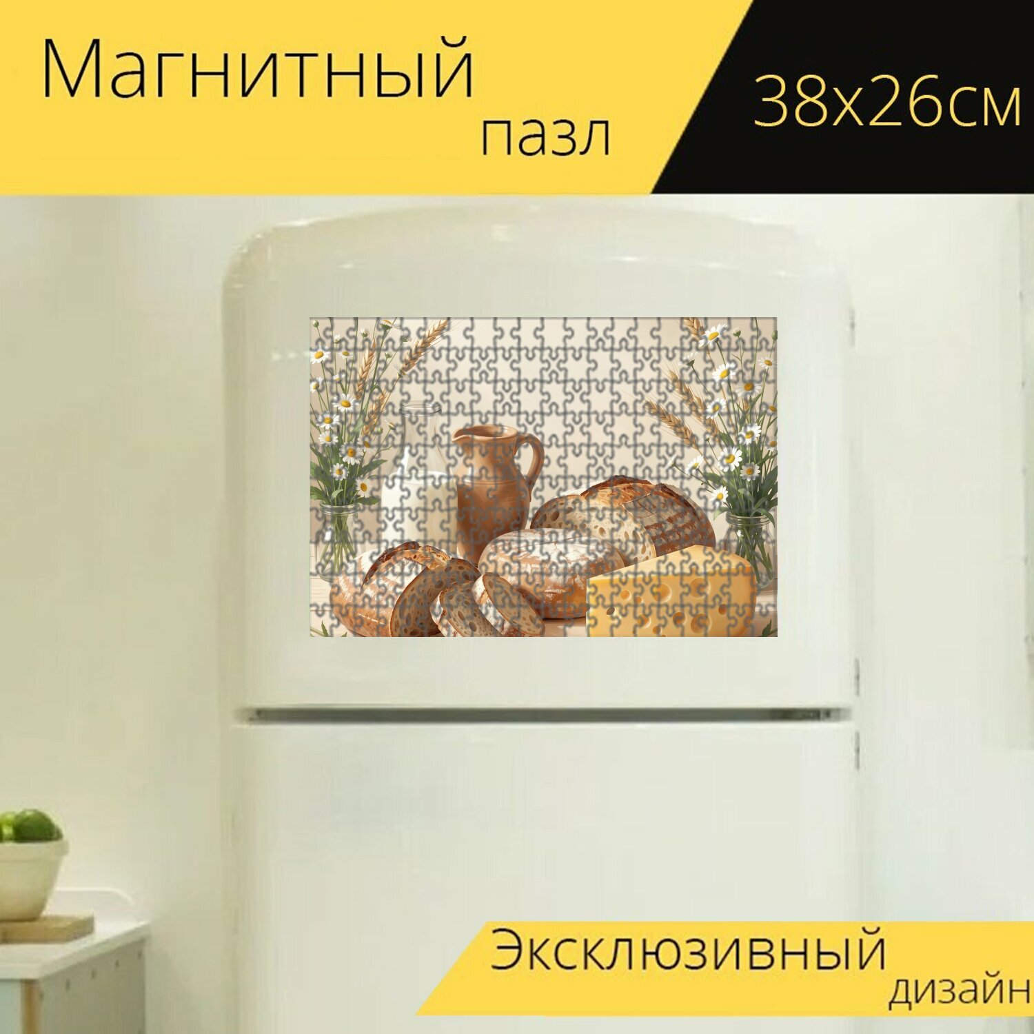Магнитный пазл "Хлеб, сыр и молоко. Деревенский натюрморт с выпечкой, головками и ломтиками булки, куском швейцарского сыра, стеклянной бутылкой, кувшином." для интерьера, 38х26 см.