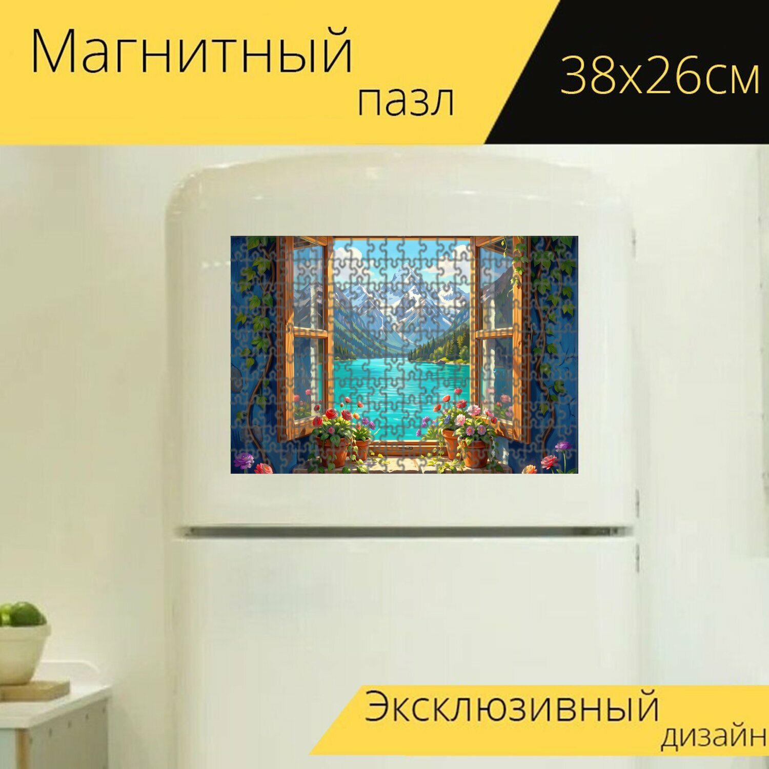 Магнитный пазл "Открытое окно с видом на горы. Живописный альпийский пейзаж: бирюзовая вода, снежные вершины, хвойный лес, цветы в горшках на подоконнике." для интерьера, 38х26 см.
