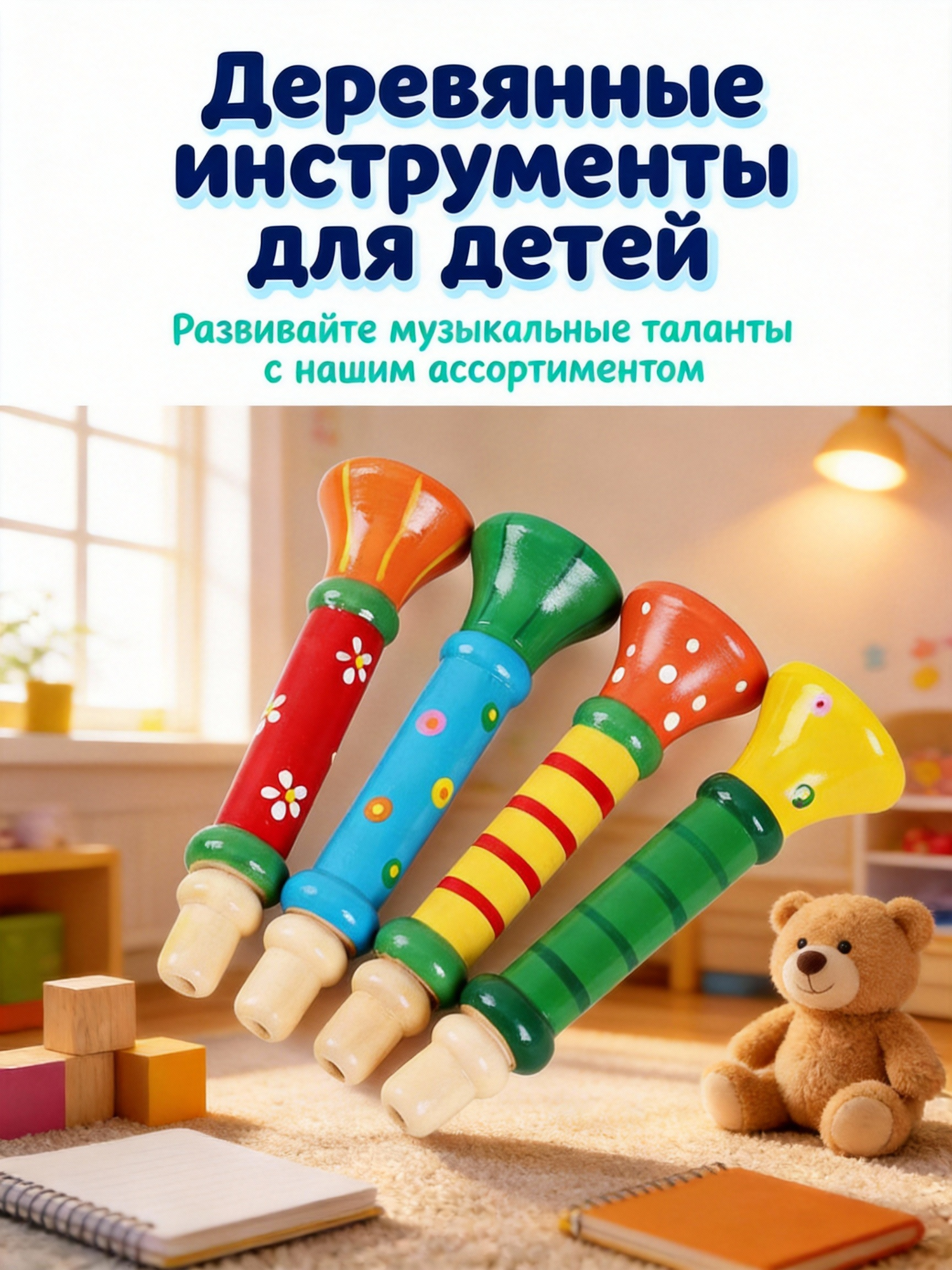 Деревянные трубы, музыкальная игрушка духовой инструмент для малышей 0-3 года, развивающая слух, хватку и эмоциональное восприятие