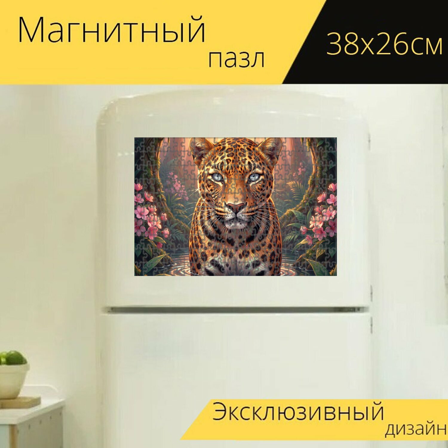 Магнитный пазл "Леопард в лесном ручье. Пятнистый хищник с голубыми глазами среди тропических деревьев, розовых цветов и воды. Цифровая иллюстрация в теплых." для интерьера, 38х26 см.