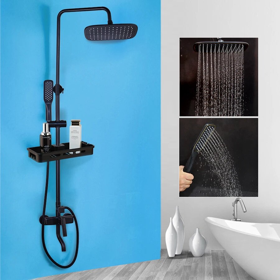 Система душа Torayvino Matte Black для ванной комнаты, настенная дождевальная система душа с полкой для хранения, комбинированный набор смесителя для ванны