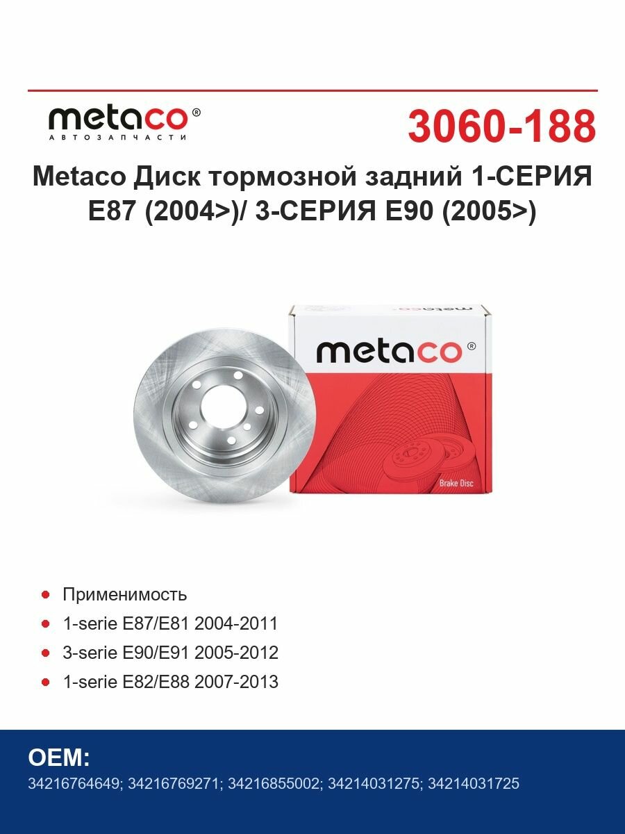 Metaco Диск тормозной задний 1-СЕРИЯ E87 (2004>)/ 3-СЕРИЯ E90 (2005>)