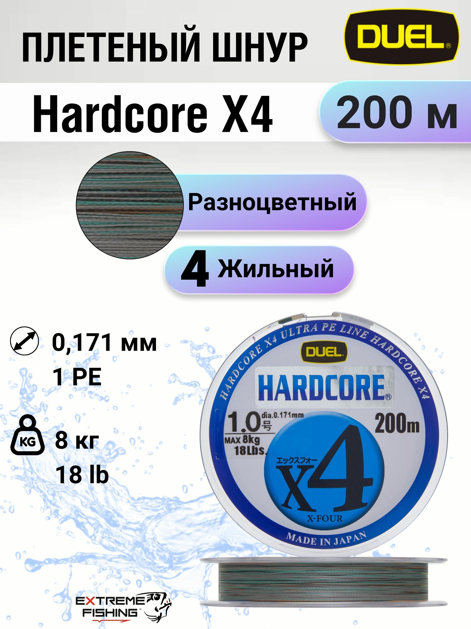 Плетеный шнур Duel PE Hardcore X4, 200м, #1,0, 0,171мм, 8,0кг, 5Color Yellow Marking