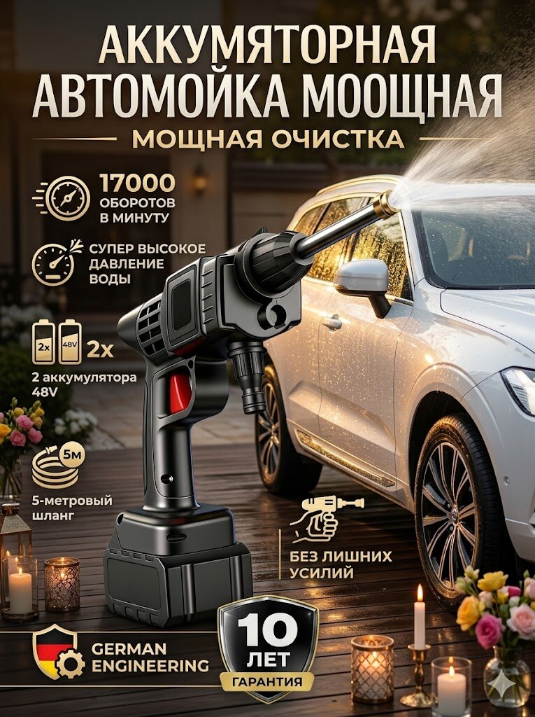 Мойка высокого давления аккумуляторная для автомобиля, Автомойка, в кейсе 2 аккумулятора, 3 насадки
