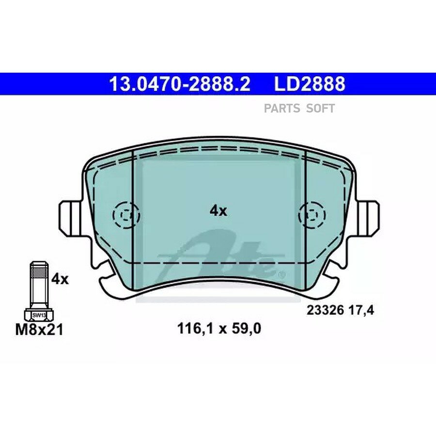 Колодки ЗАД AUDI A4/A6/ALLROAD 03- (CERAMIC) от официального дистрибьютора, ATE, артикул 13047028882