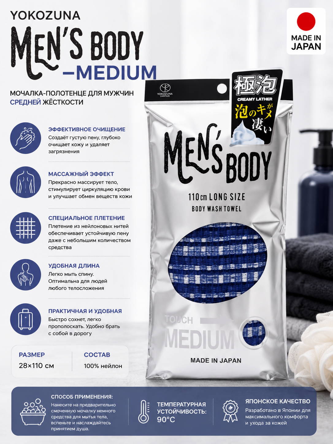 YOKOZUNA Мочалка-полотенце MEN'S BODY MEDIUM для мужчин средней жёсткости, 28х110см