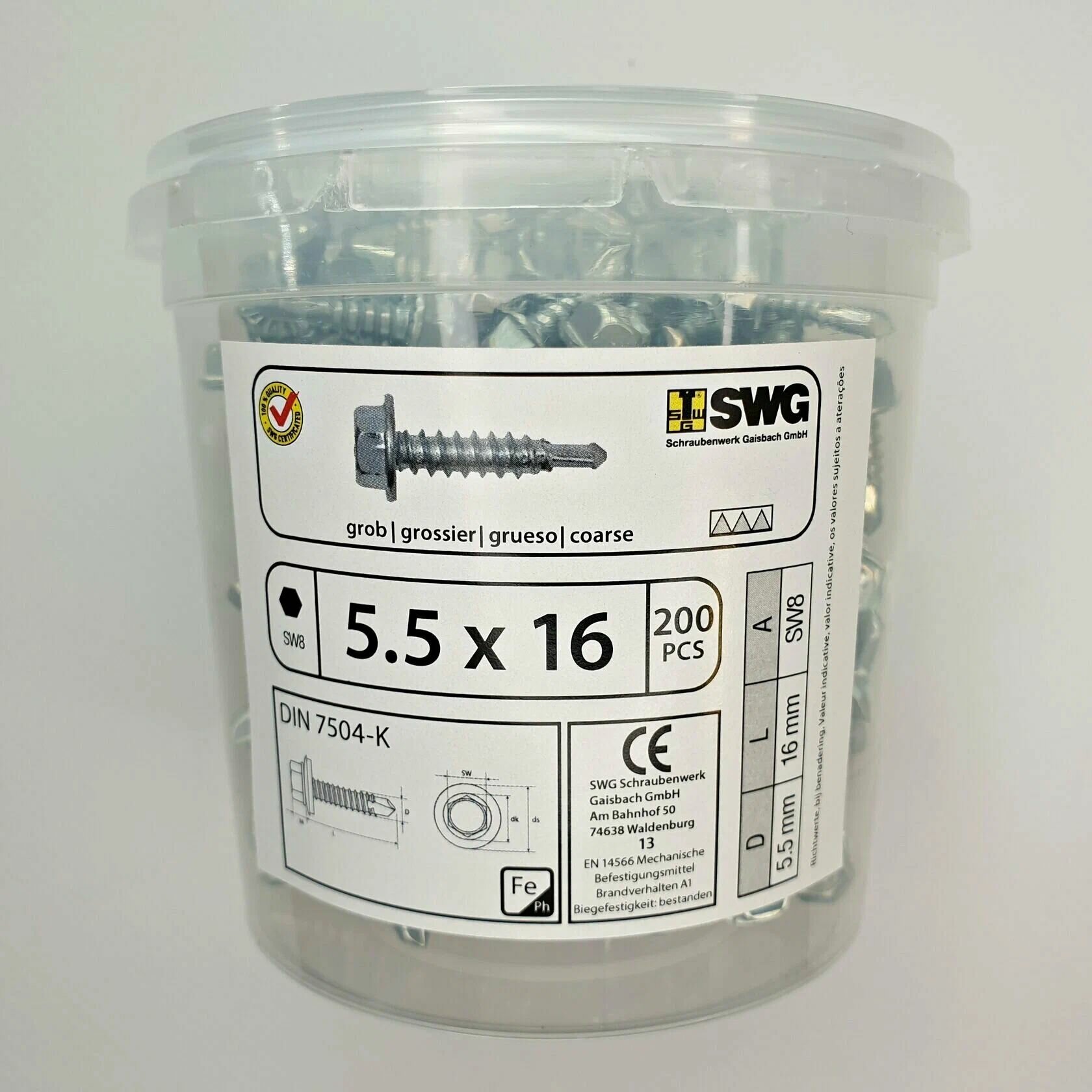 Саморез по металлу SW8 DIN 7504-K с фланцем 5.5x16 (200 pcs) SWG, Германия