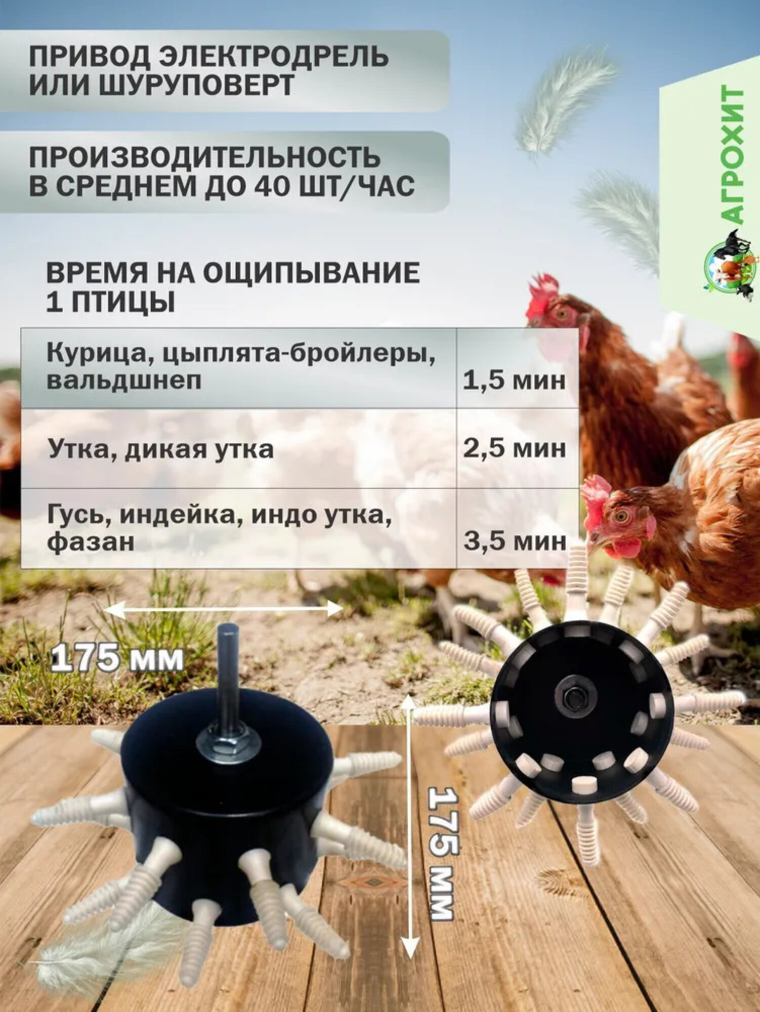 Перощипальная насадка на дрель Е1 ощипывания пера любой дичи птицы глухаря куропатки гуся