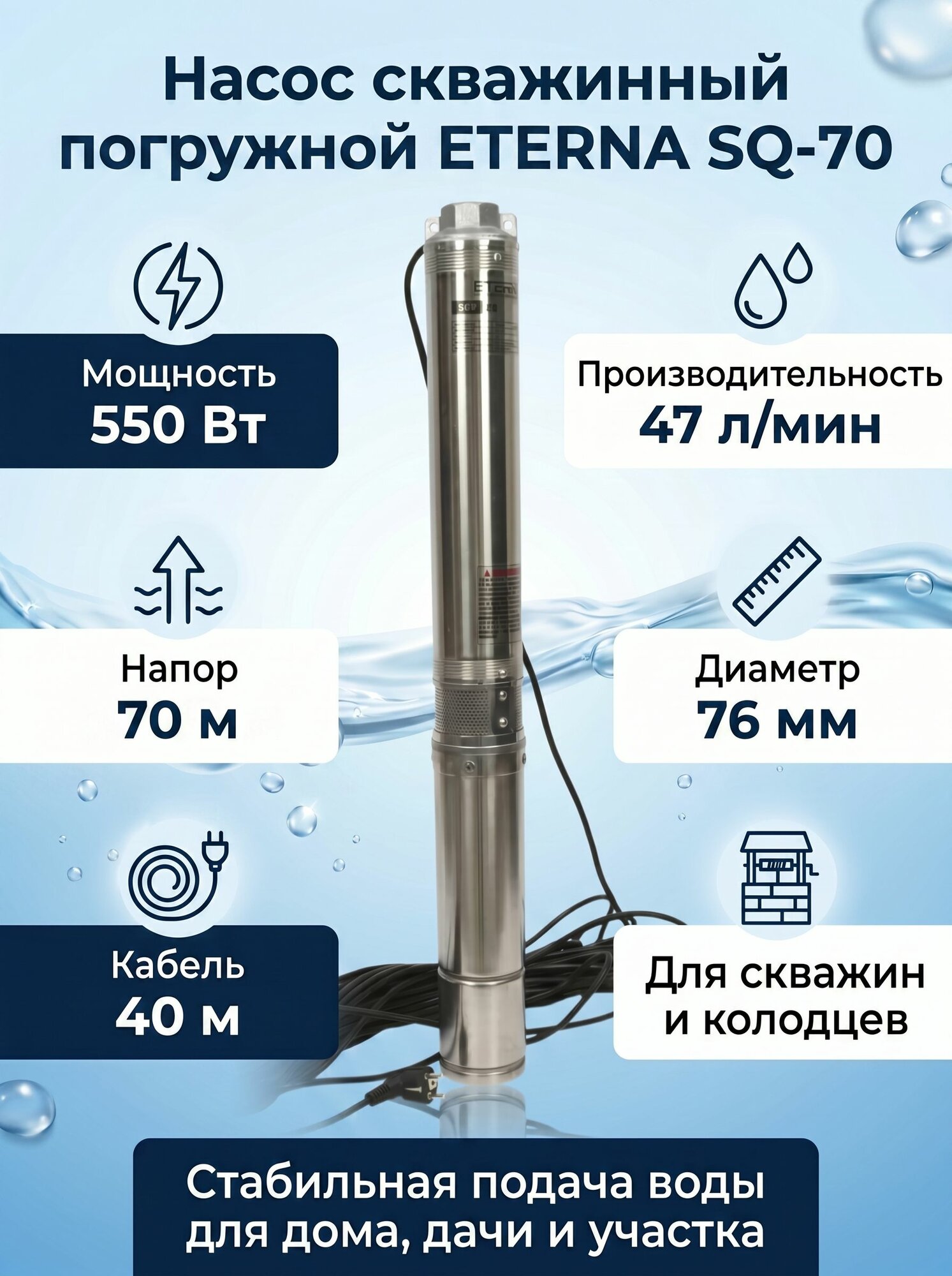 Насос скважинный погружной ETERNA SQ-70. мощность 550 Вт, диаметр 76мм, напор 70м, производительность 47л/мин, кабель 40 м