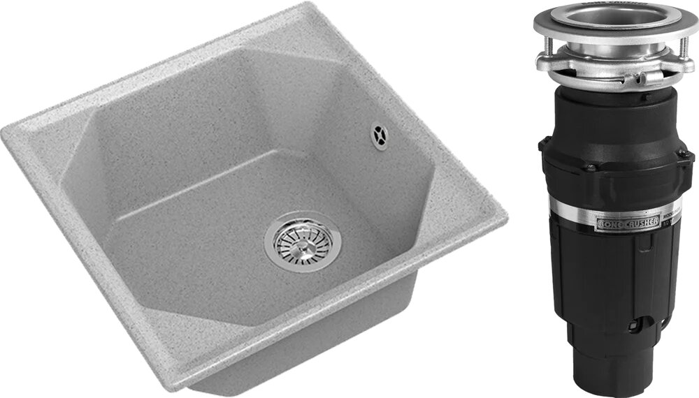 Комплект Мойка GranFest Unique U-500 50x50, серая, искусственный мрамор / Измельчитель Bone Crusher BC 610-AS электрический, нержавеющая сталь