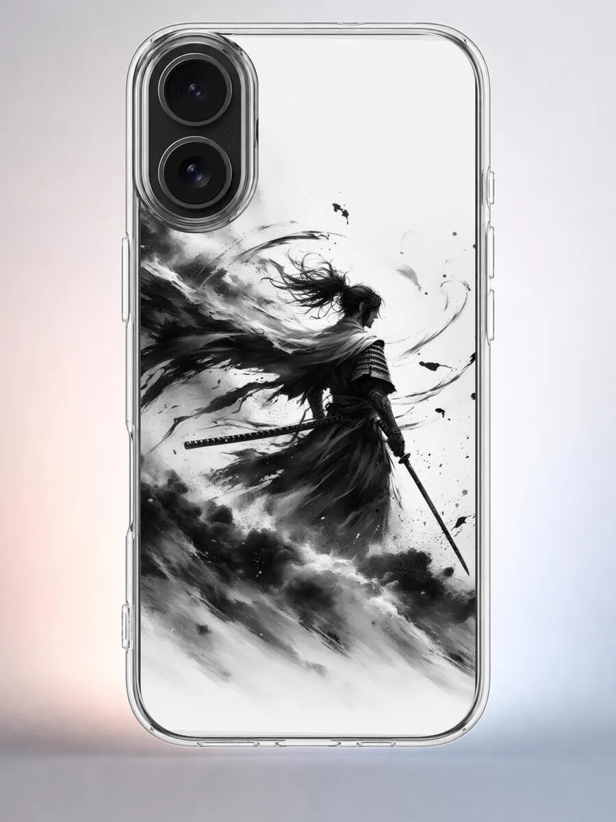 Чехол iPhone 16 самурай в буре силиконовый прозрачный