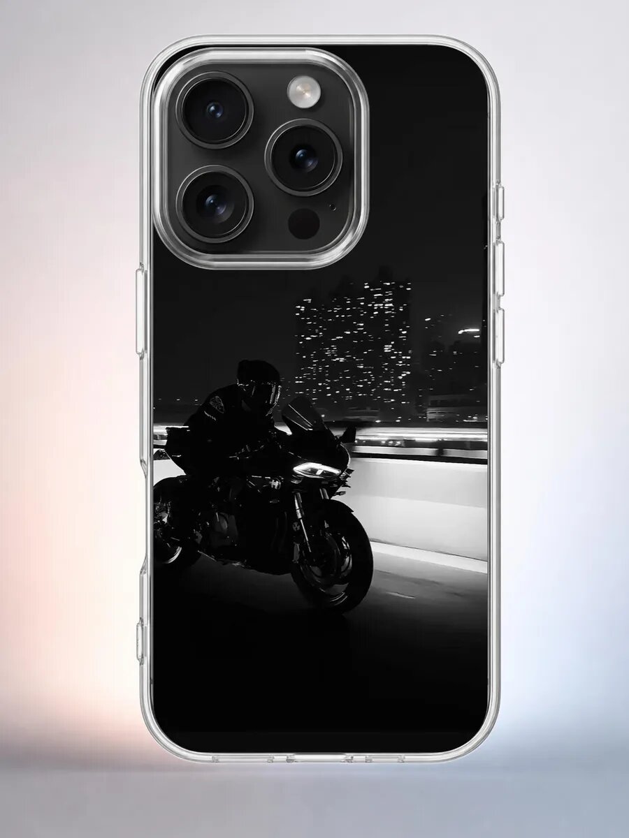 Чехол iPhone 15 Pro Мотоциклист ночью силиконовый прозрачный
