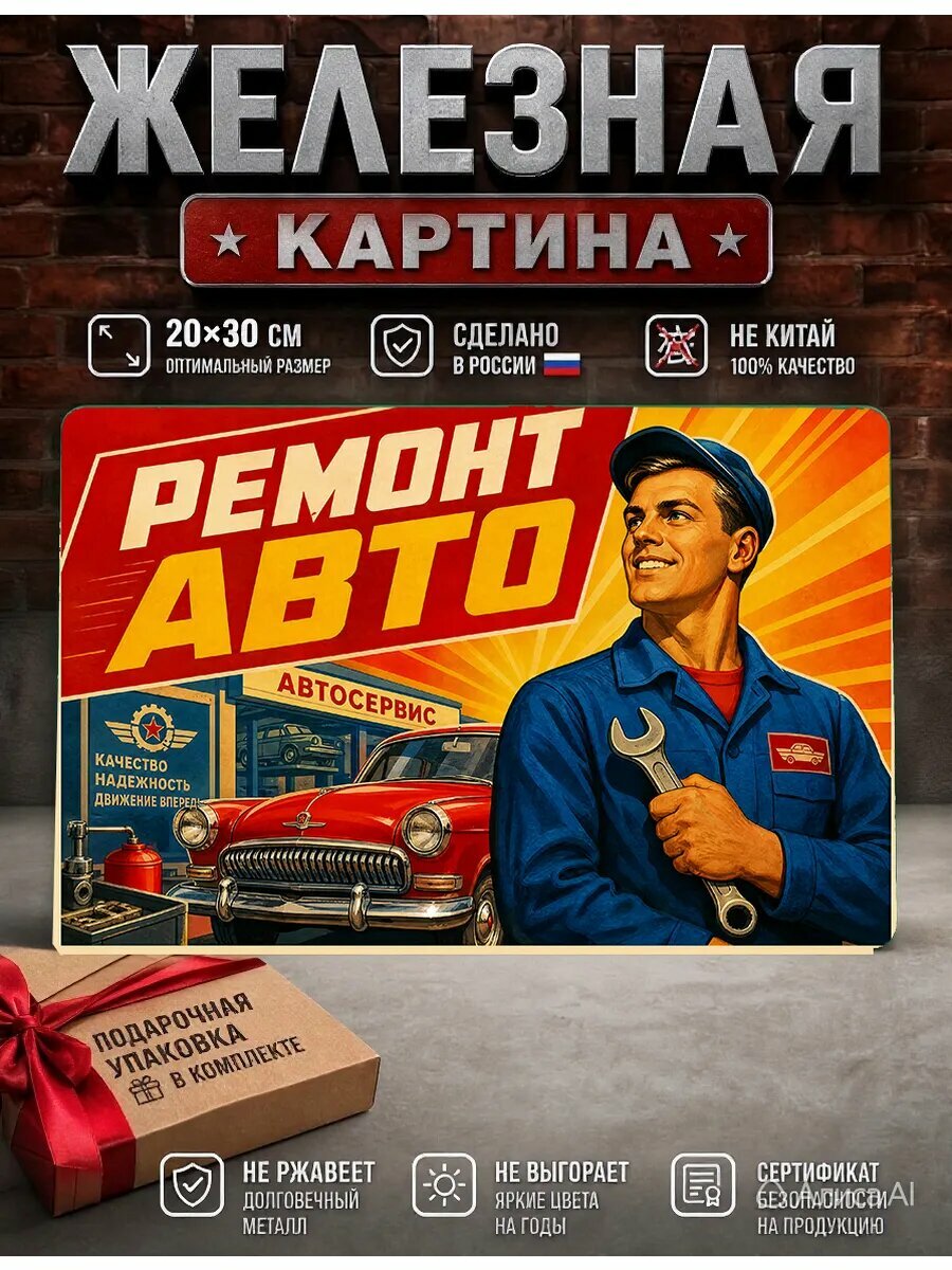 Металлическая картина ремонт авто, подарочная упаковка в комплекте