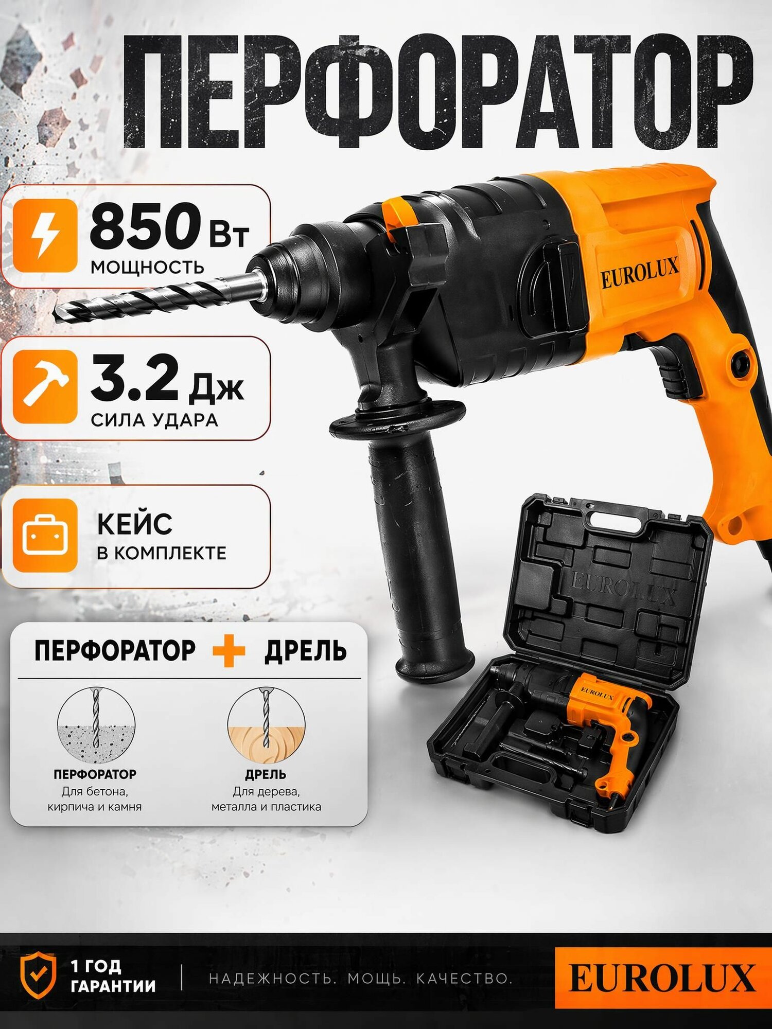 Перфоратор электрический 850 Вт В кейсе sds-plus (П-0,85К) Eurolux