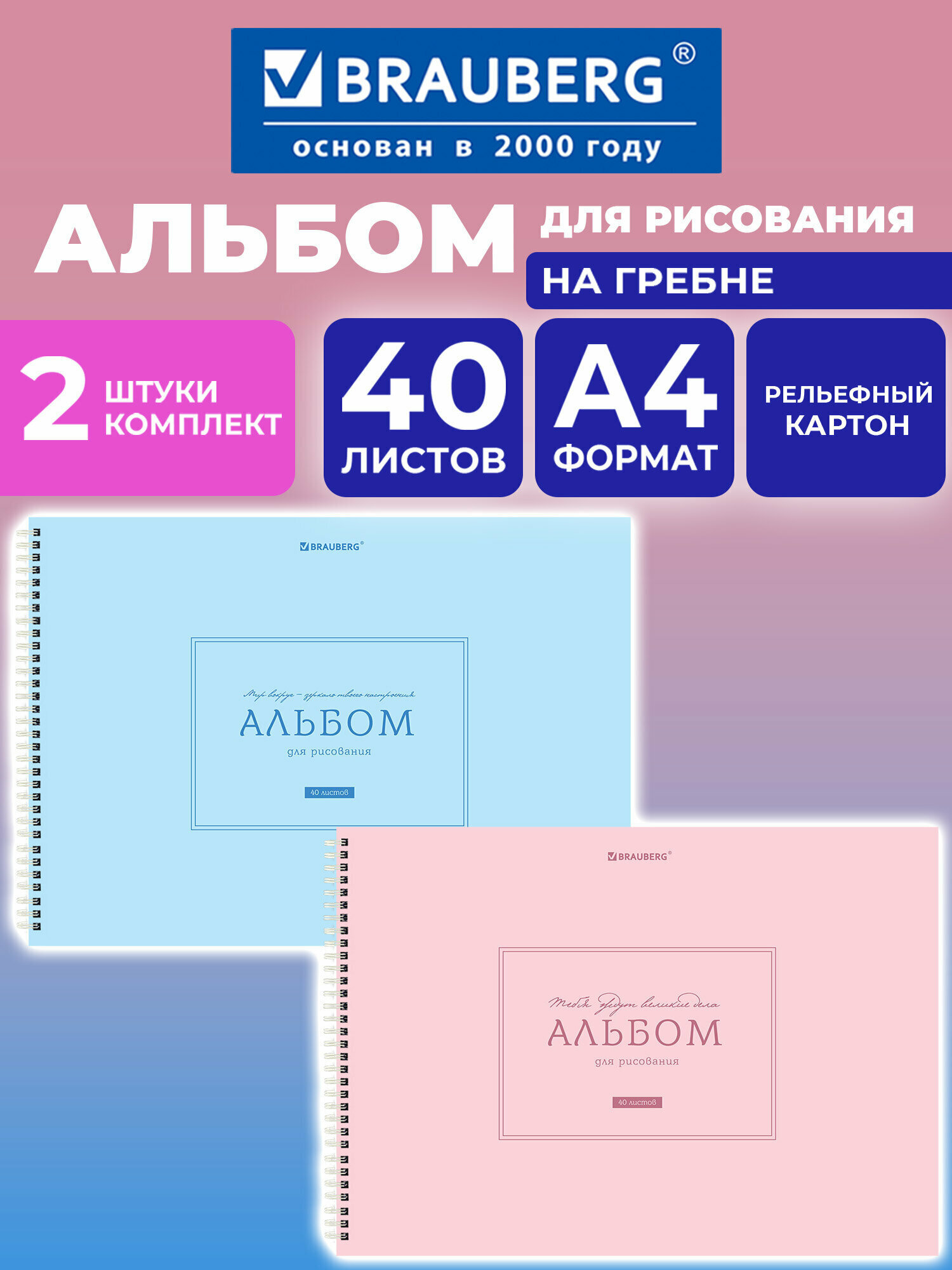 Альбом для рисования в школу А4 40 листов на спирали, набор 2 штуки, обложка рельефный картон, Brauberg, 107745