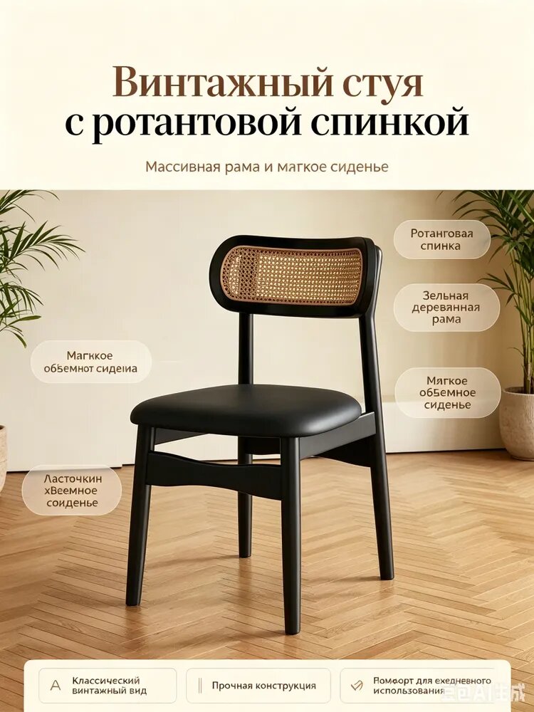 Стул "Французское бистро", массив дерева с ротангом, винтажный стиль, чёрный — фото 1