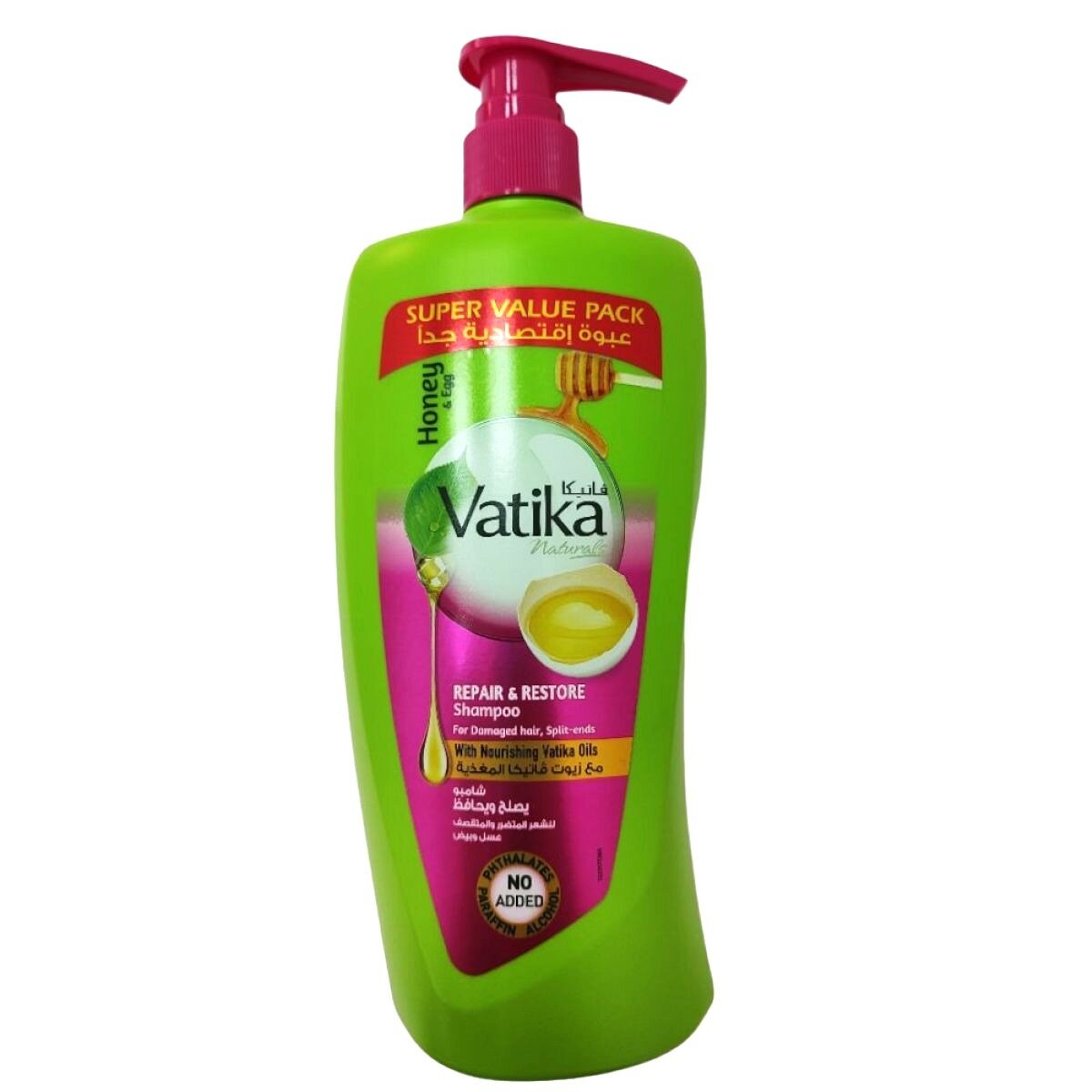 Vatika HONEY AND EGG Repair and Restore Shampoo, Dabur (Ватика МЕД И яйцо Шампунь исцеление И восстановление для поврежденных и секущихся волос, Дабур), с дозатором, 600 мл.
