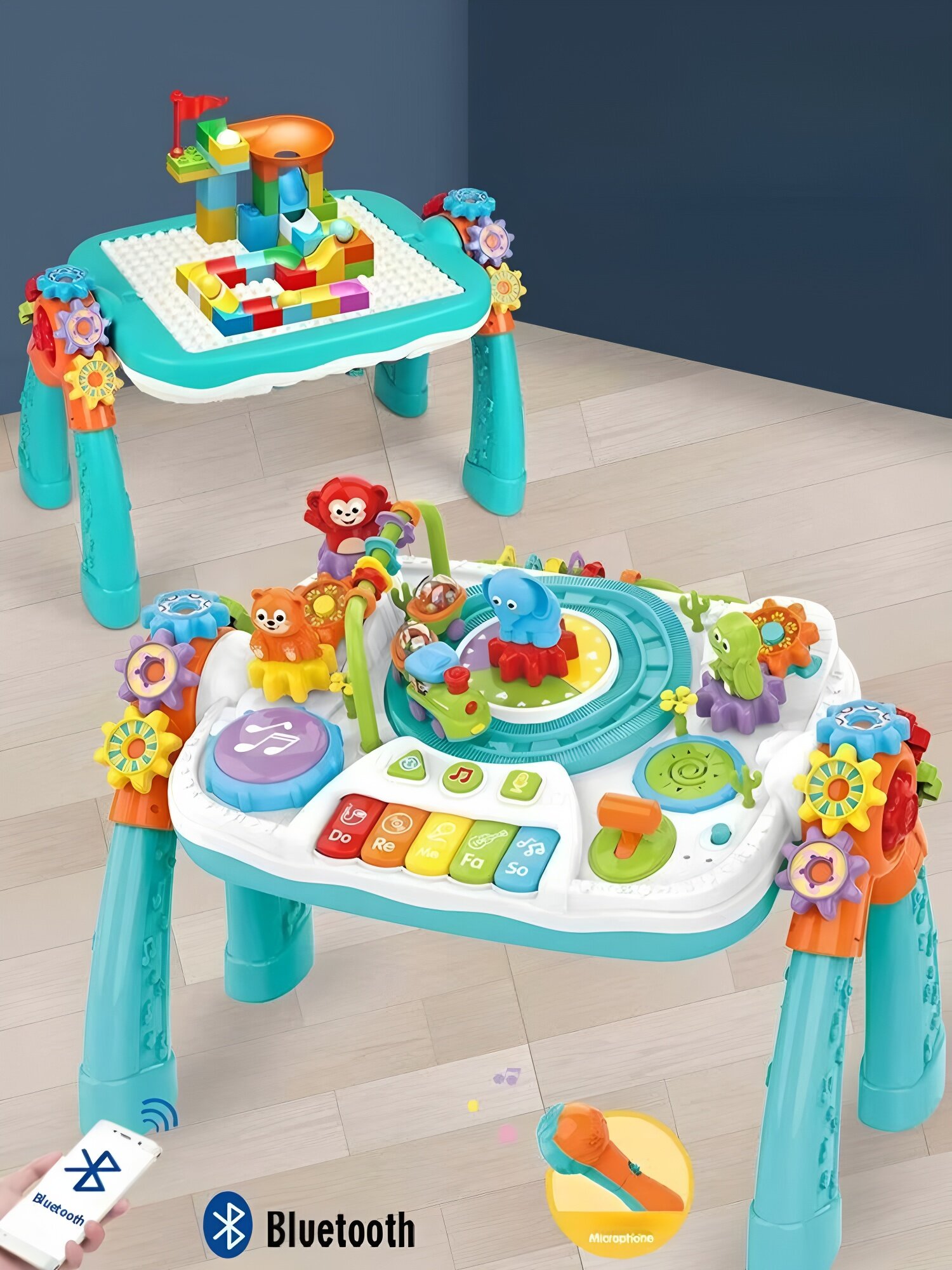 Детский развивающий музыкальный столик для детей с пианино, барабаном, паровозом, бизиборд с Bluetooth, конструктор
