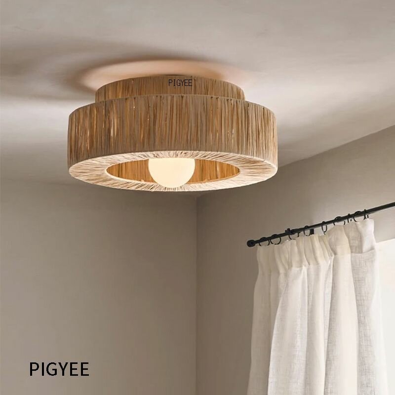 Светильник из ротанга / Люстра для столовой и спальни, Двухслойный соломенный потолочный светильник