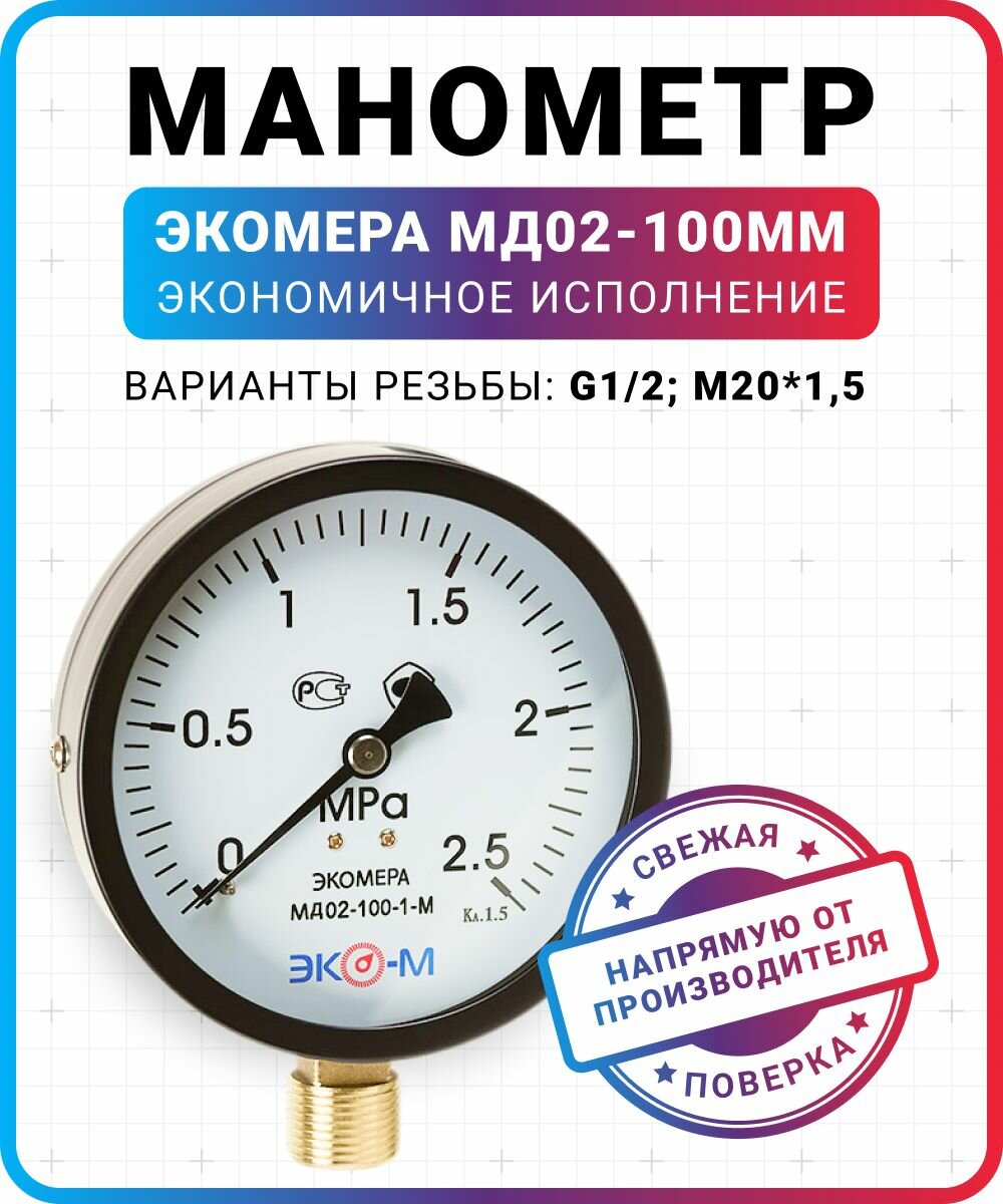 Манометр Экомера 100мм 2,5Мпа G1/2 для водоснабжения и отопления с поверкой
