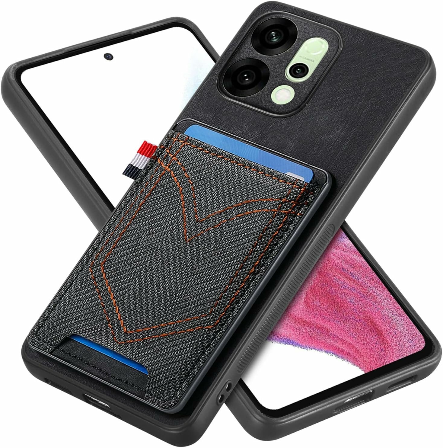 Чехол кожаный на Oppo Reno 14 Pro 5G / Оппо Рено 14 Про 5G c карманом , автомобильный магнитный держатель для телефона, защитный, противоударный(черный)