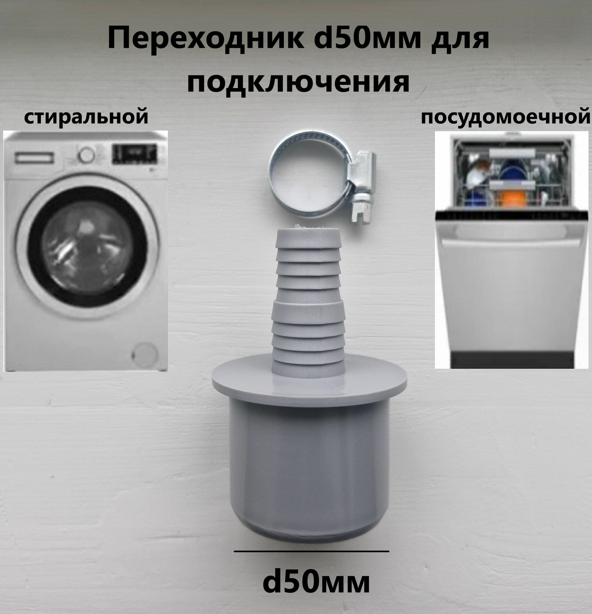 Переходник для подключения сливного шланга d50х20/23мм прямой серый + хомут