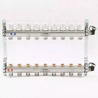 Коллектор Uni-Fitt на 9 контуров/выходов с термостатическими клапанами и воздухоотводчиком для теплого пола