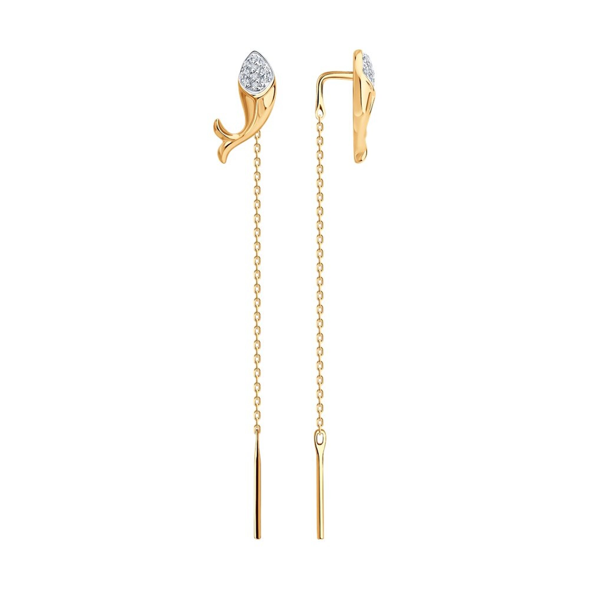 Серьги цепочки, красное золото, 585 проба, бриллиант