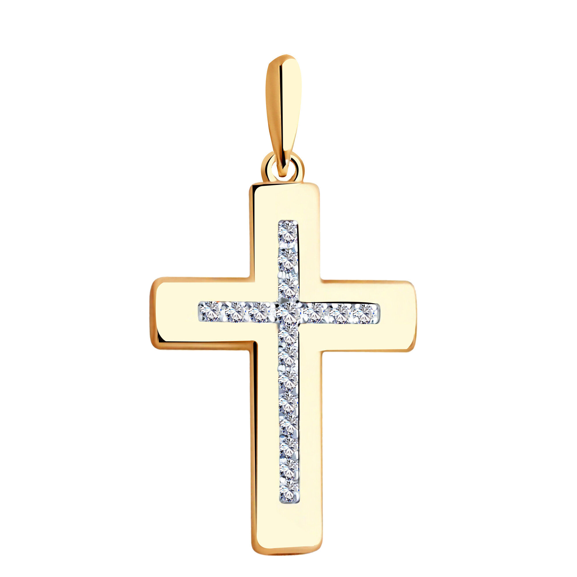 Крестик, красное золото, 585 проба, фианит