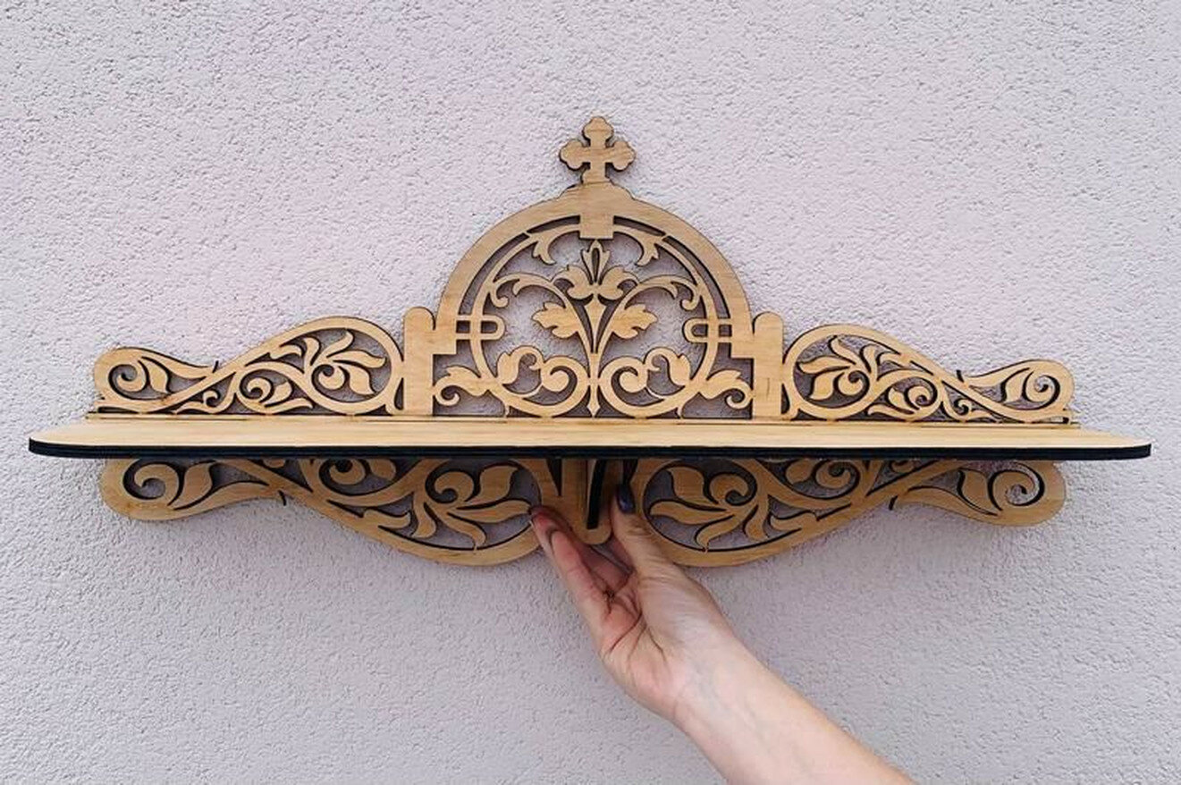 Полка для икон Ais Laser, иконостас 55*34 см прямой под иконы, из фанеры, бежевый