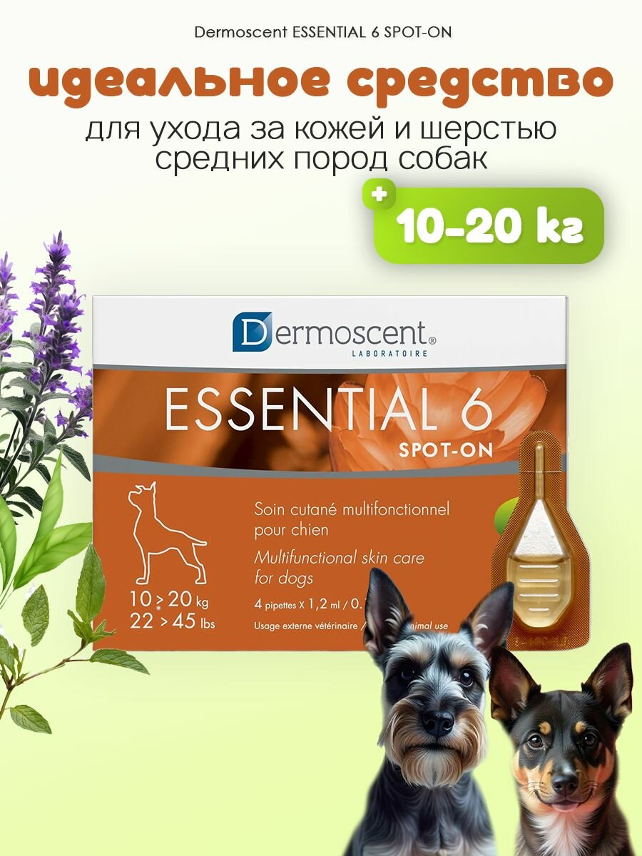 Капли для собак 10 20 кг уход за кожей и шерстью Dermoscent Essential 6 Spot-On