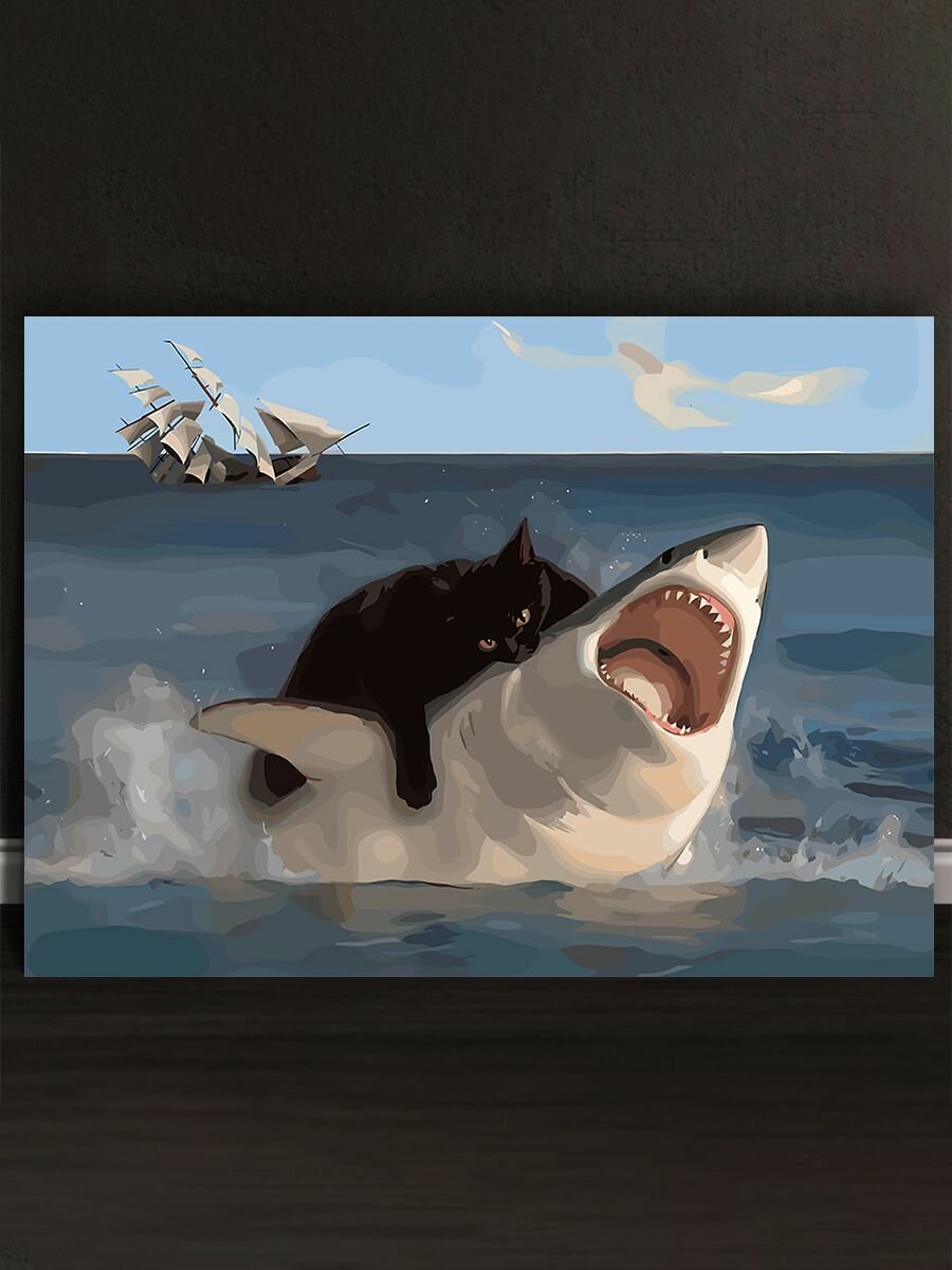 Картина интерьерная - "Море, волны, акула и котик" , 40х60 см.