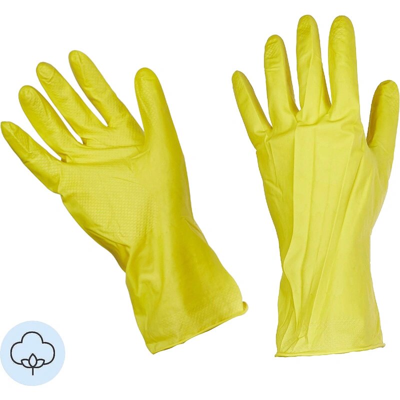 Перчатки резиновые латекс хлопковое напыление желтый р-р S эконом
