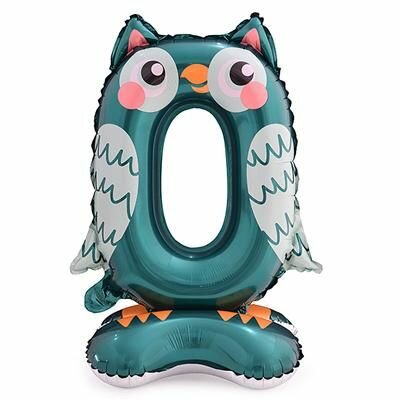 Воздушный шар фольгированный весёлая затея Цифра 0 на подставке Зоопарк Сова, 23"