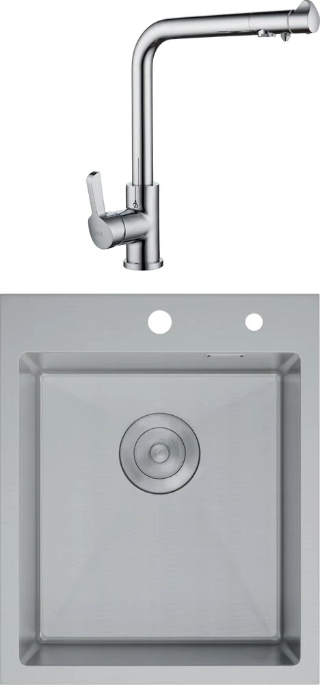 Комплект Мойка DQ DKS415004 41x50, сатин, нержавеющая сталь / Смеситель D&K Rhein Schiller DA1461601 глянцевый хром