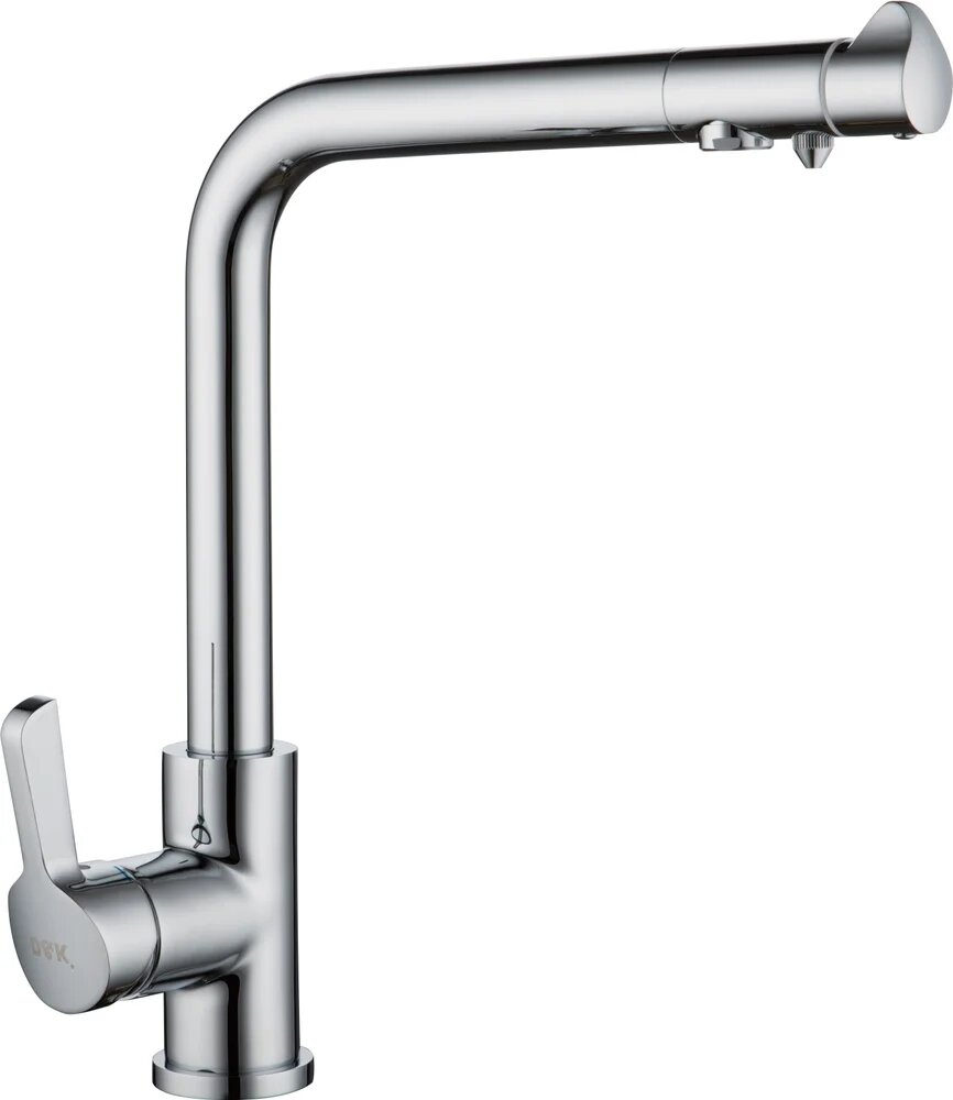 Смеситель для кухни D&K Rhein Schiller DA1461601 с краном для питьевой воды, с поворотным изливом, хром, глянцевый, однорычажный, латунный, с керамическим картриджем