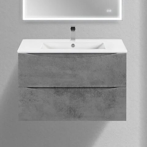 Тумба с раковиной Vincea Mia Slim подвесная, 81 см, серая, матовая, из ЛДСП, с ящиками, раковина для ванной, фарфоровая, прямоугольная, встроенный слив-перелив, лофт