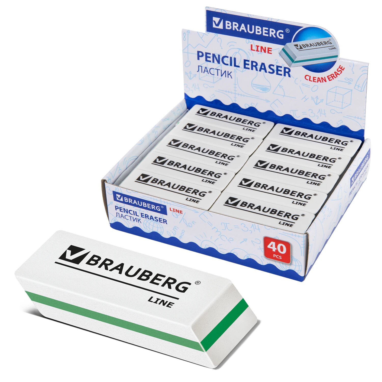 Ластик BRAUBERG "Line", 57х18х8 мм, белый, прямоугольный, скошенные края, 221036 (цена только за 1 шт.)