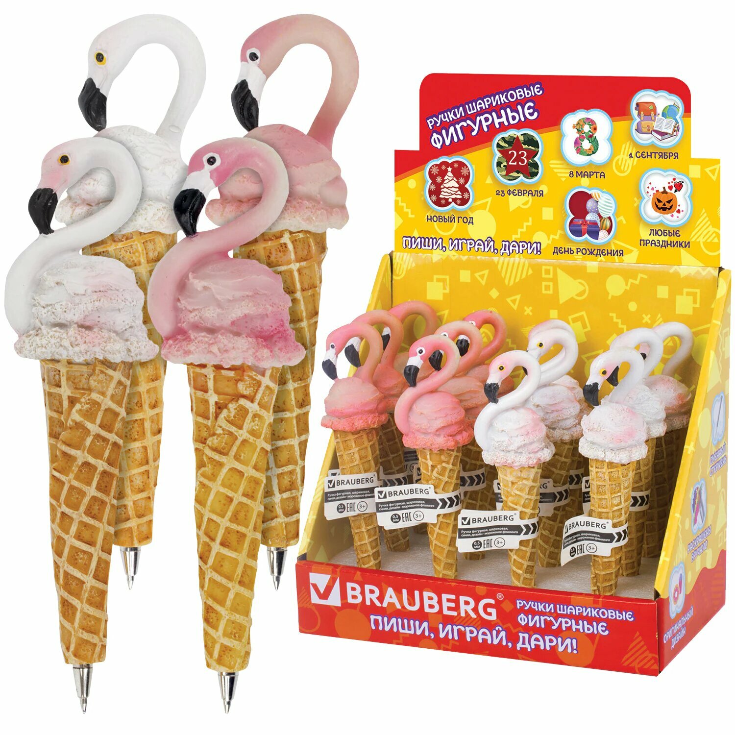 Ручка фигурная "мороженое-фламинго", синяя, 4 дизайна ассорти, 0,5 мм, дисплей, BRAUBERG, 142764 (упаковка 12 шт.)