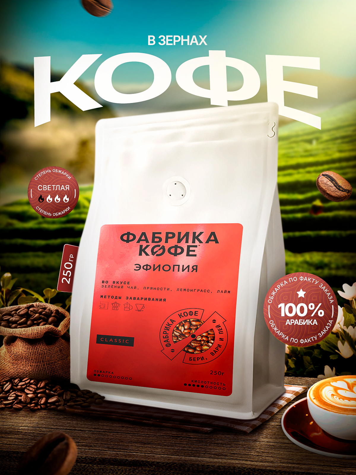 Кофе Фабрика Кофе "Эфиопия Сидамо", арабика, 100%, светлая обжарка, 250 гр