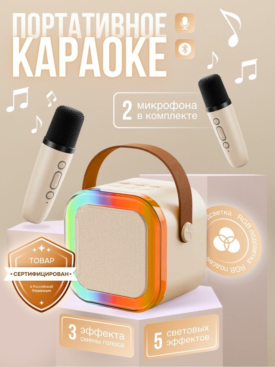 Колонка караоке, с микрофонами, беспроводная, портативная, с подсветкой, FM-радио, 1500 мА·ч