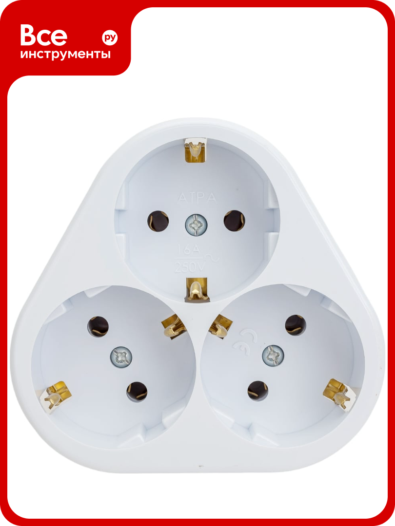 Трехместная силовая розетка SVET РС16-5301 с заземлением, белая, IP20, встраиваемая, 16A, треугольная форма, без рамки,