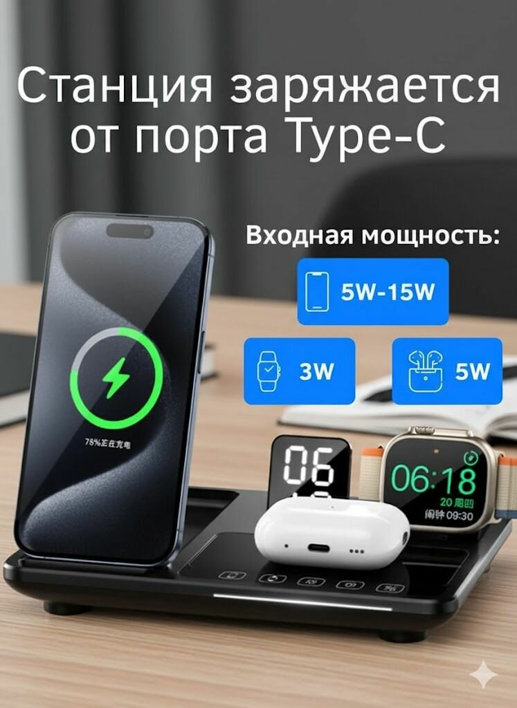 Беспроводное зарядное устройство для IPhone/Android /Док станция 4в1 / Быстрая зарядка / Черный/ с часами