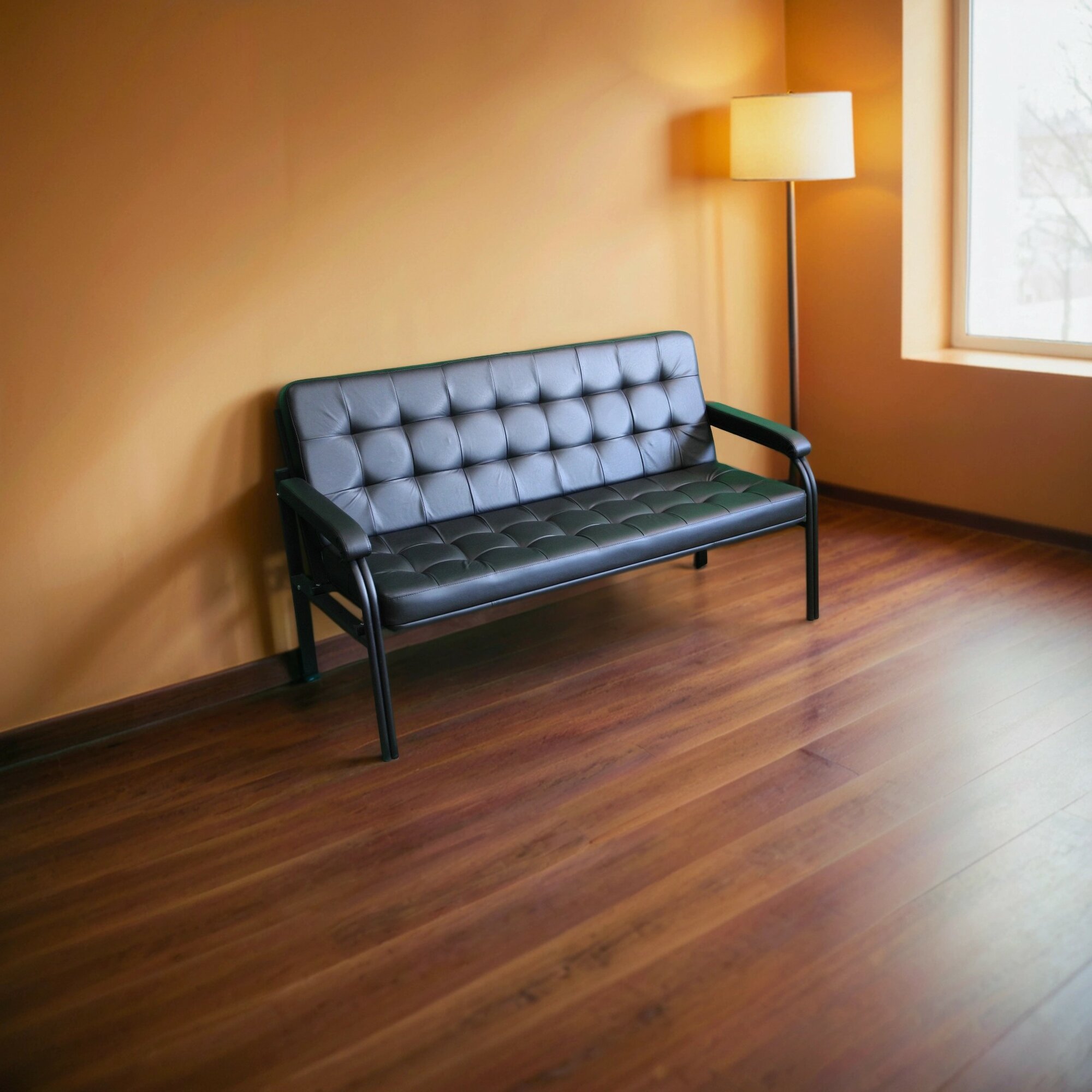 Диван офисный "Сириус Барселона", 3х-местный, экокожа черная, разборный стальной каркас, на дачу, на кухню, в прихожую.