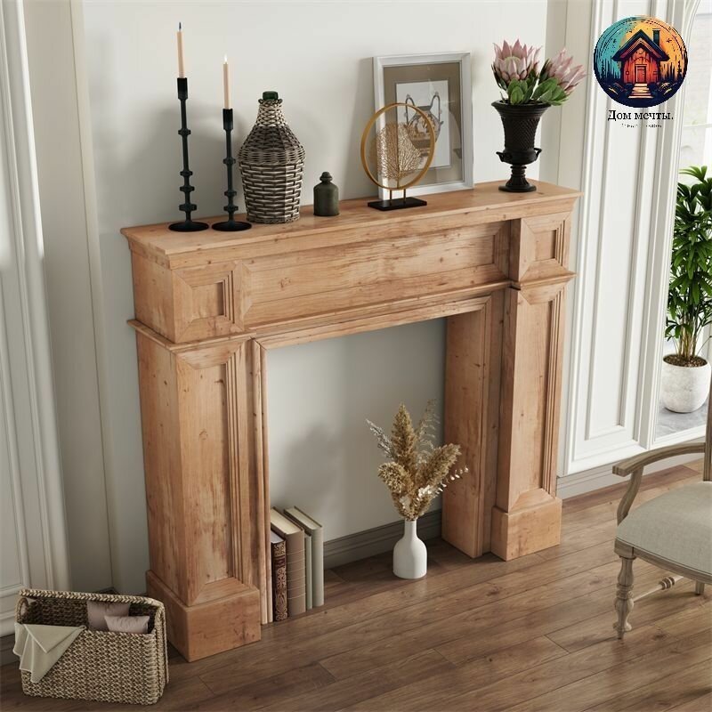 Каминная декоративная тумба, полка 130x20x110CM Оригинальный цвет дерева, Дом мечты.