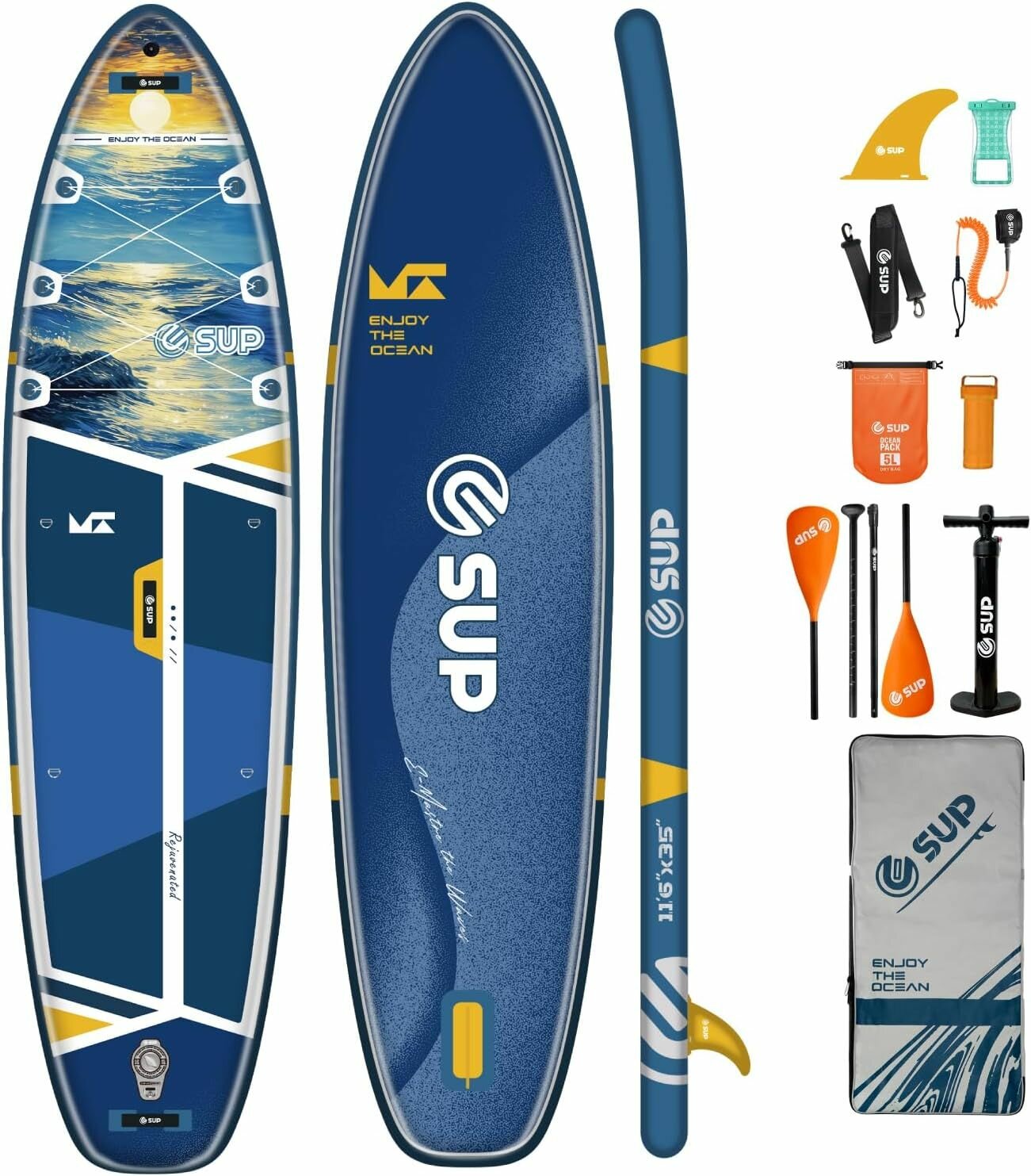 Надувная SUP-доска E-SUP Classic Blue 11'6 (351х89х15 см), до 204 кг, устойчивый сапборд с двойным веслом и аксессуарами