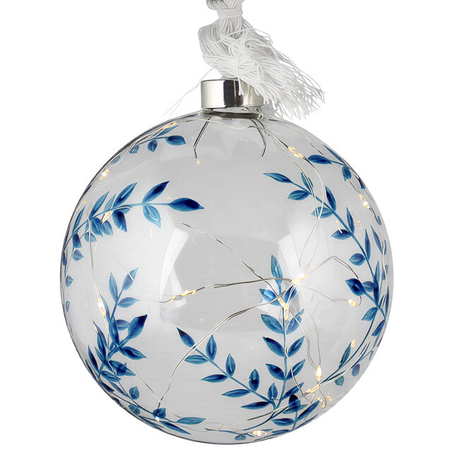 Декоративный подвесной светильник Шар Голубые Листья 14 см, 15 теплых белых LED ламп, на батарейках, Peha (Пеха), GF-22265