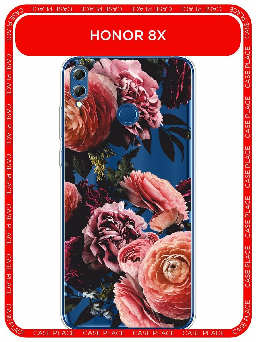 Чехол на Honor 8X / Хонор 8Х с принтом "Бордовые винтажные цветы", прозрачный