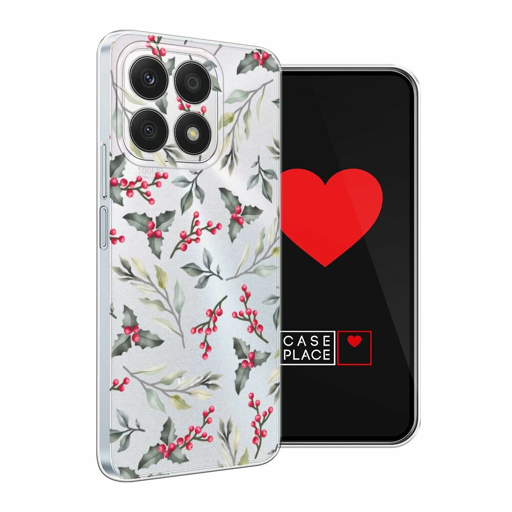 Чехол на Honor X8A / Хонор X8A с принтом Зимние ягоды паттерн, прозрачный — фото 1