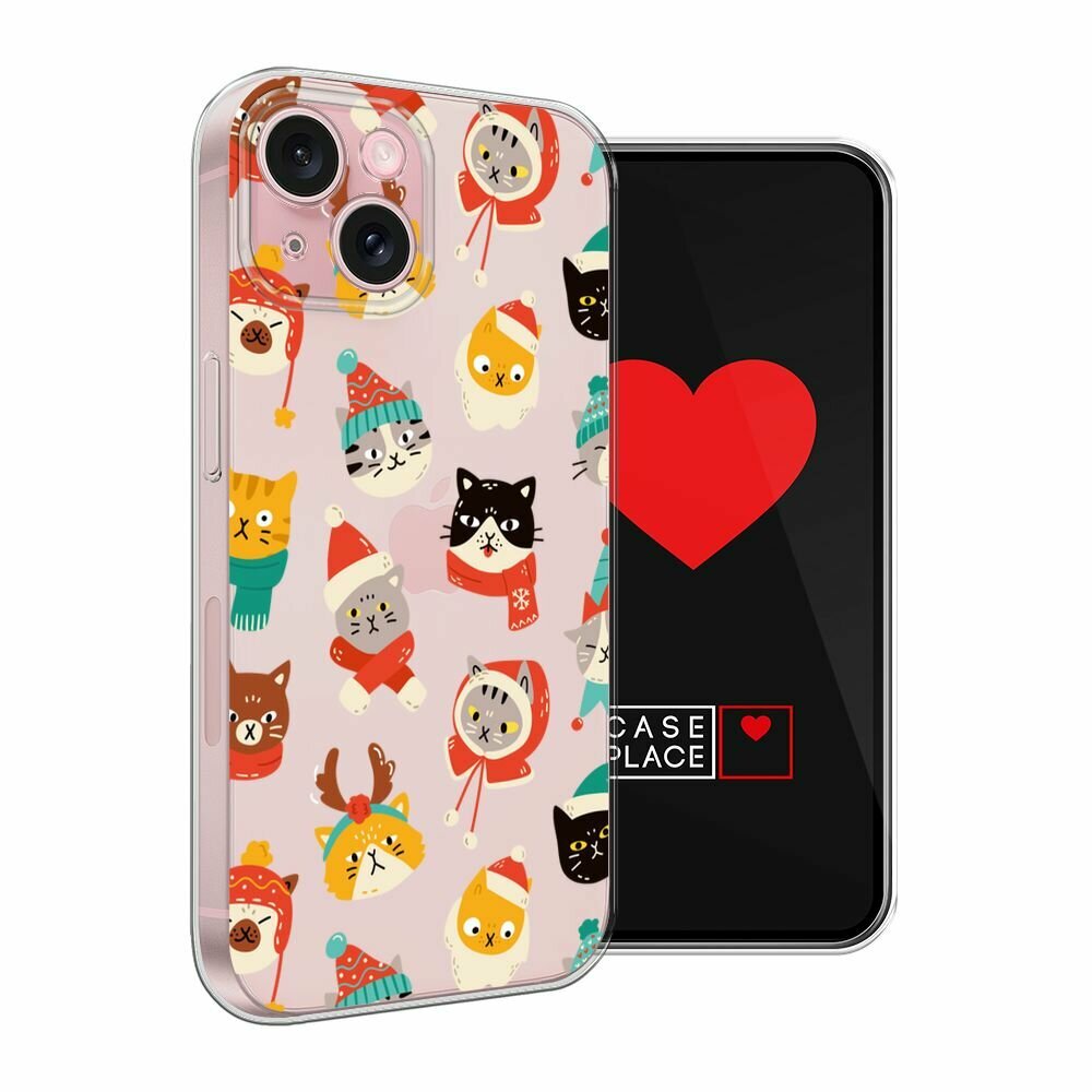 Чехол на Apple iPhone 15 / Айфон 15 с принтом Праздничные котики, прозрачный — фото 1